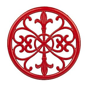 Home Basics (Red) Cast Iron Fleur De Lis Trivet Tr44392, 7.9" x 7.9" x .62"