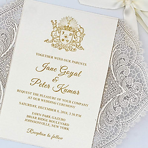 Picky Bride 25-Pack Ivory Laser Cut Lace Wedding Invitations Wraps with Shimmer Insert and Ribbon Bow, Elegant Invite Cards for Wedding/Bridal Shower/Birthday Party, 125 x 185mm (25 Invitations)