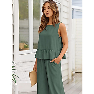 AUTOMET Womens Summer 2 Piece Outfits Linen Crop Tank Tops Lounge Matching Sets & Long Track Pants Tracksuits 2025 Blue Grey S