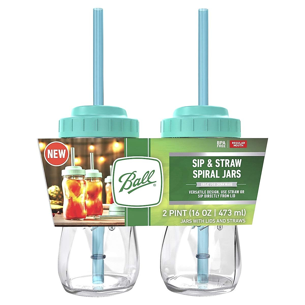 Ball 1440016024 Sip Straw Contoured Jar, 16 Oz (Pack of 2)