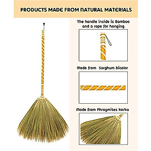 Asian Straw Broom Thai for Cleaning Floor,Housewarming Gift,Thai Vintage Retro Grass Broom Stick, Hardwood Sweeper with Brush Power and Circle Cleaning ( Length 40 inch )