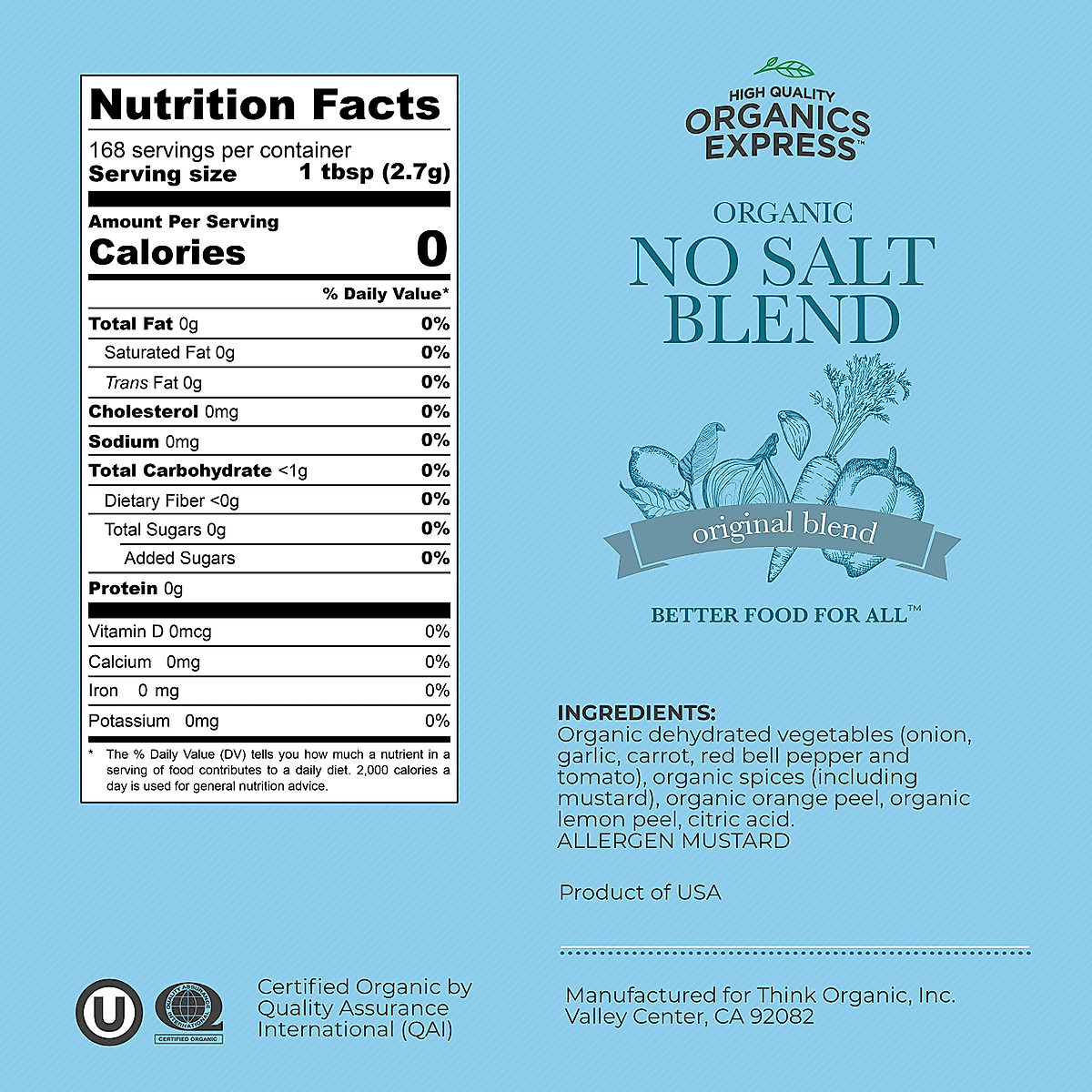 No Salt All Purpose Organic Seasoning, 100% Sodium Free, No MSG, For Vegetables, Chicken, Fish, Salads, Eggs, Rice, Pasta - Non GMO, Kosher, Great Value 1 Lb