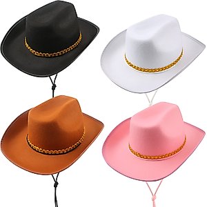 SGBETTER 4 Pack Pinch Front Cowboy Hat Novelty Western Cowboy Cowgirl Hat for Adult Halloween Cosplay Dress up Cowboy Theme Party Accessories (Black, Pink, White, Brown)
