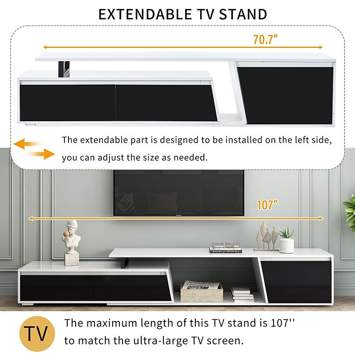 Modern Extendable TV Stand for 55/65/70/80/100 Inches TV,Minimalist Entertainment Center TV Cabinet with 2 Drawers and 1 Cabinet,Media Console Television Stands Credenza for Living Room,Bedroom,White