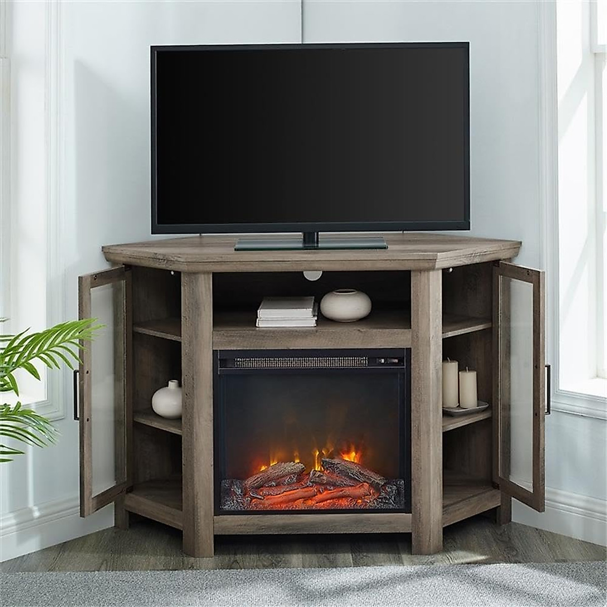 Walker Edison 48" MDF Corner Fireplace TV Stand - Grey Wash