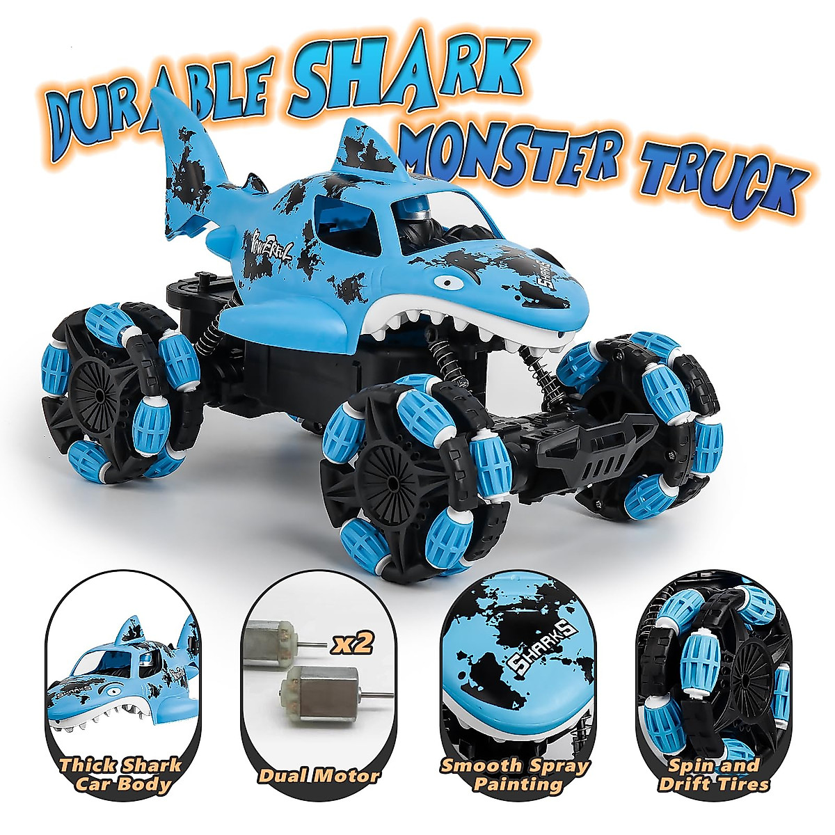 KULARIWORLD Remote Control Shark Monster Truck All-Terrain Toy Remote Control Car Vehicle, 2.4 GHz,1:14 Scale, Off Road Rechargeable RC Car Kids Toys for Boys and Girls Ages 6 and up