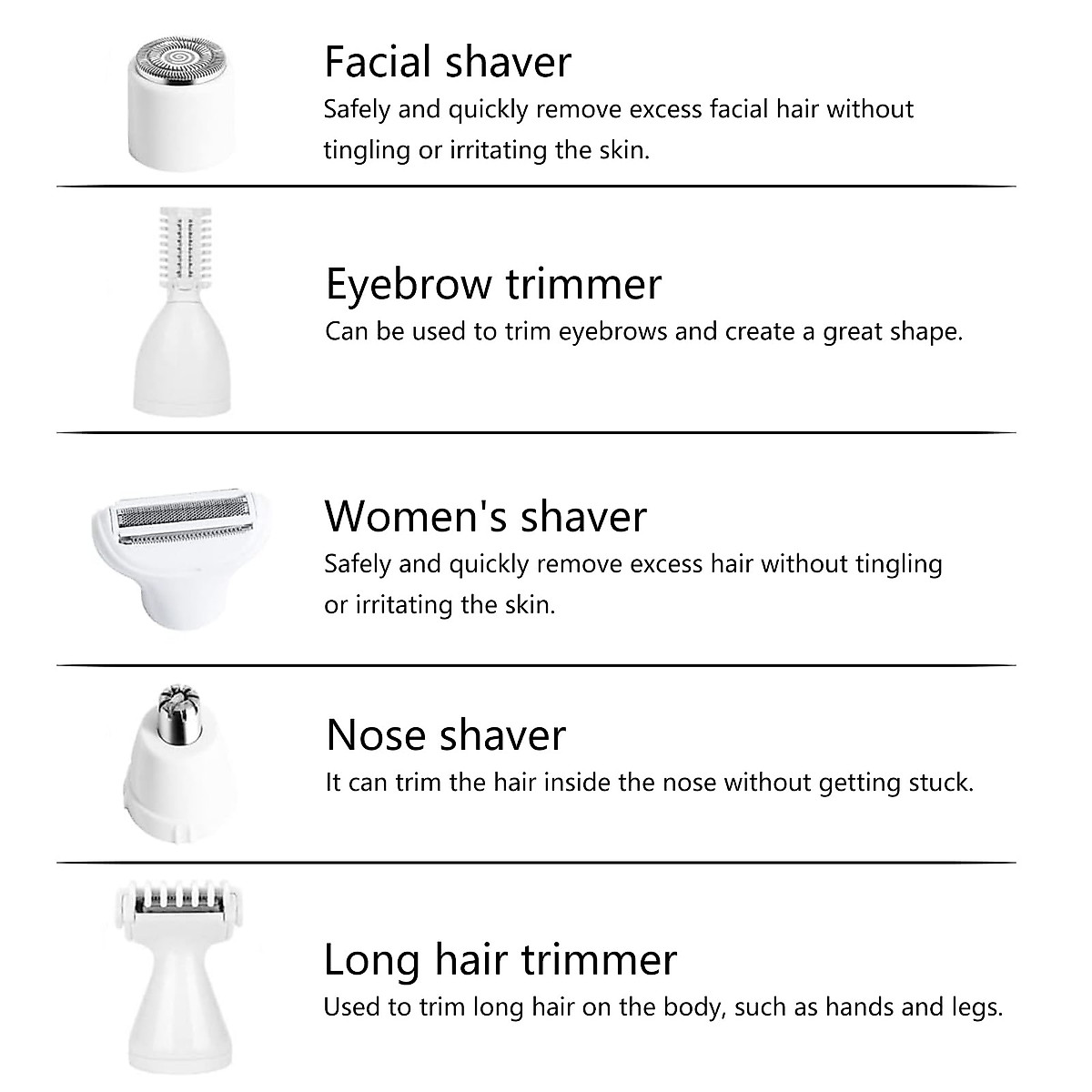 Electric Lady Shaver,Women Razors for Shaving 5-in-1 Set Painless Hair Shaver for Women Face, Eyebrow, Legs and Underarm, Portable Bikini Trimmer Wet & Dry Hair Removal, Micro USB Rechargeable