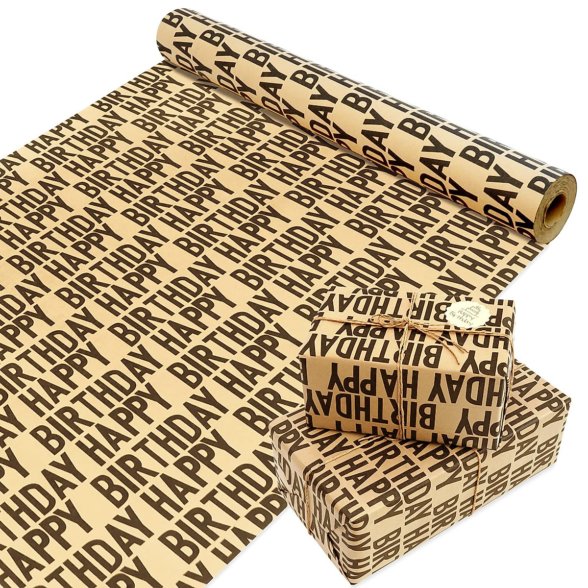 Birthday Wrapping Paper Roll, Black Kraft Gift Wrapping Paper Jumbo Roll, Black Happy Birthday Wrapping Paper Set Black Wrapping Paper for Boys Men Women Girls Birthday, 17x590 inch (70 sq. ft.)