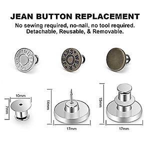 12 Sets Button Pins for Jeans Pants, Adjustable Reusable Jean Buttons Pins Instant Reduce Loose Jeans, No Sew and No Tools Metal Pants Button Replacement, Clips Jean Button Tightener