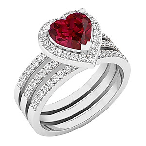 Dazzlingrock Collection 7 MM Heart Lab Created Ruby & Round Natural Diamond Women Engagement Ring Double Band Set, Sterling Silver, Size 9.5