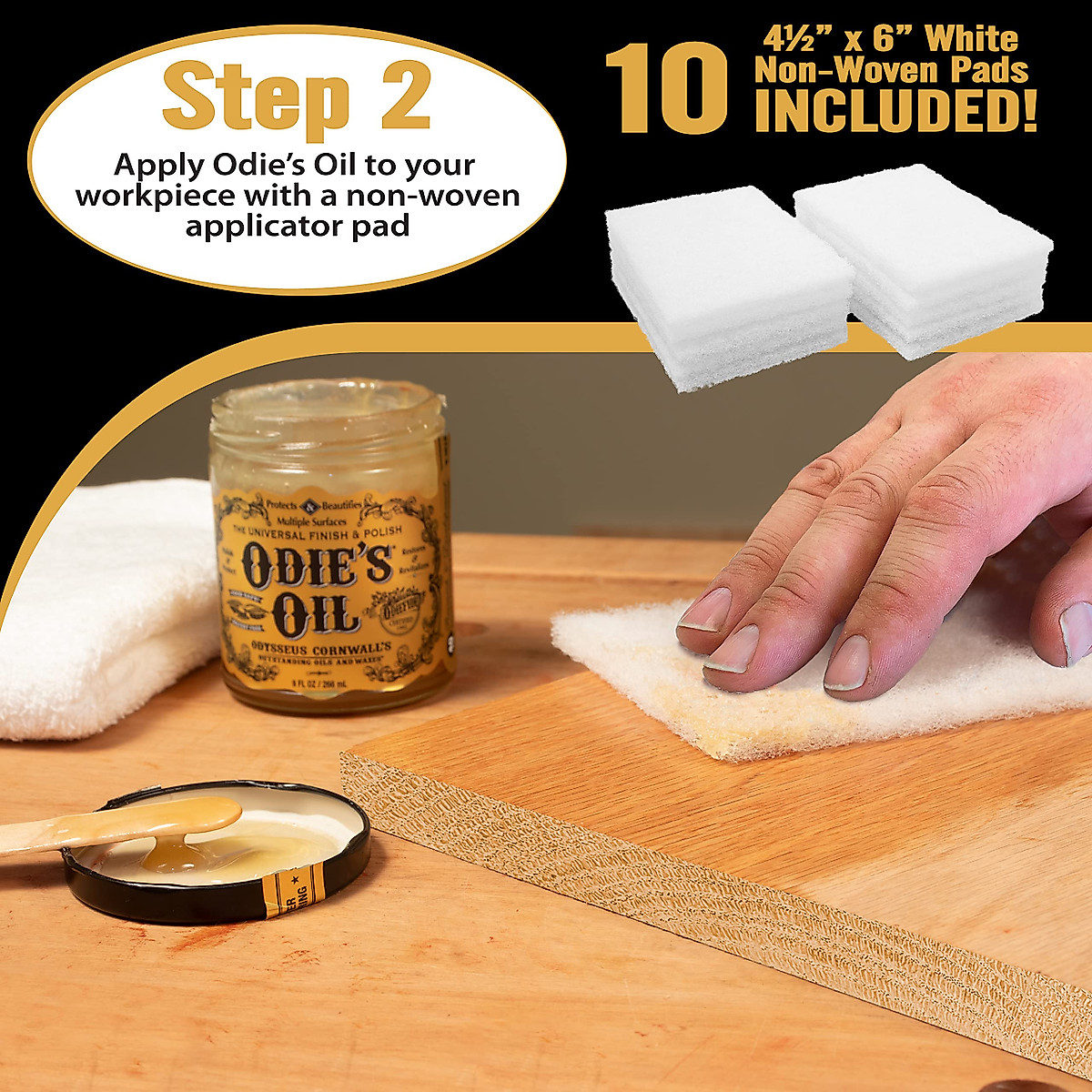 ODIE'S Oil Starter Kit Oil 9 Ounce Jar •10 Non-Woven White Applicator Pads •2 Terry Cloth Buffing Towels and 10 Wooden Stirring Sticks