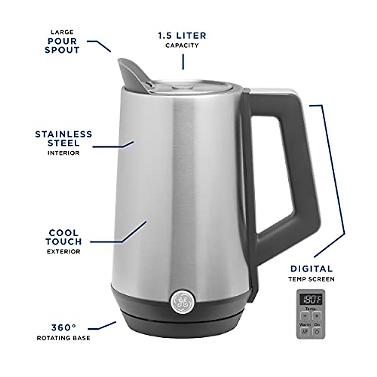 GE Electric Kettle | 6 Cup Capacity | Digital Temperature Control | Boils Water for Tea, Coffee in Minutes | Countertop Kitchen Essentials | 1500 Watts | Stainless Steel