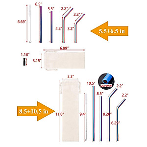 Reusable Metal Straws Short Steel Straws for Drinks, 5.5" + 6.5" + 8.5" + 10.5", straight + bent straws, with silicone tips and cleaning brush
