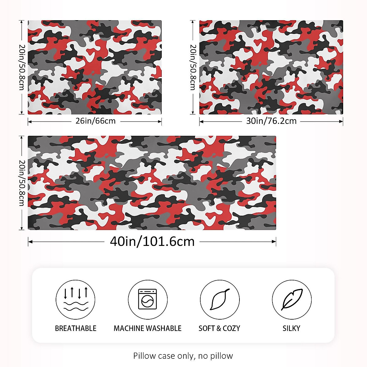 Red Grey Camouflage Pillow Covers Silk Pillowcase for Hair and Skin Soft Smooth Breathable Cooling Satin Pillowcase Standard Size Pillow Case for Bedroom Bed Sleeping (20x26 Inch)