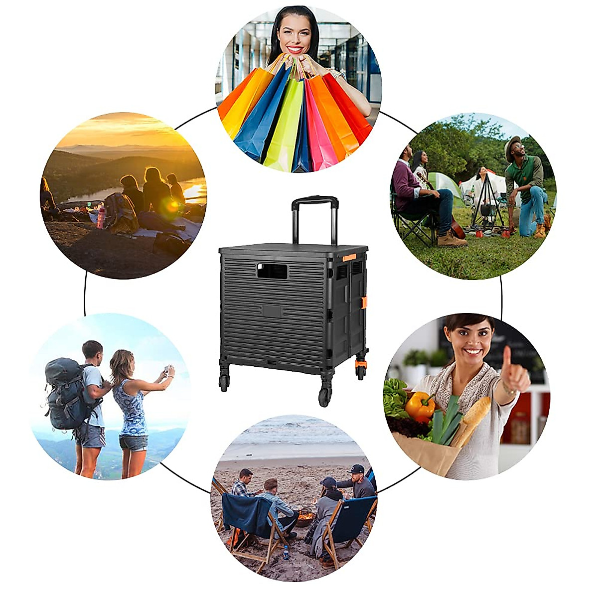 FELICON SELORSS Foldable Utility Cart Folding Portable Rolling Crate Handcart with Heavy Duty Telescoping Handle Collapsible 4 Rotate Wheels for Travel Shopping Move Luggage Office Use(Black+Black)