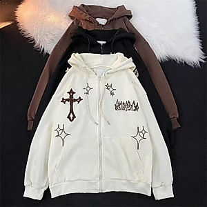 Ponitrack Unisex Zip Up Hoodies Y2k Flame Print Aesthetic Oversized Sweatshirt Vintage Graphic Jackets Streetwear (Brown,L,Large)