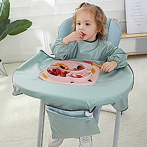 Jarafom Baby Weaning Bibs anti-dirty Highchair Waterproof Long Sleeved Bib Set Stain Odor Resistance Play Smock Apron 6-36 Months (Sleeved Green)