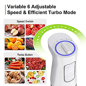 Immersion Blender Handheld, 5 in 1 Multi-purpose Hand Blender Electric 500W 6-Speed with Turbo Mode, Stick Blender with 500ml Food Chopper, 600ml Beaker, Stainless Steel Egg Whisk, Milk Frother (5 in 1)
