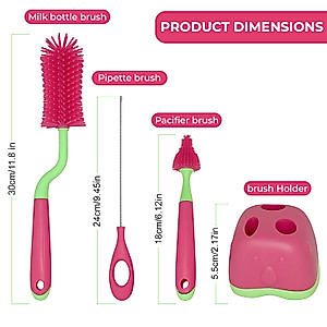 Triplevo 3 in 1 Silicone Baby Bottle Cleaning Brush Kit with Stand – Baby Cleaning Brush Set for Baby Milk Bottles Straws Breast Pumps & Other Accessories – Capable to 360° Overall Cleaning (Pink)