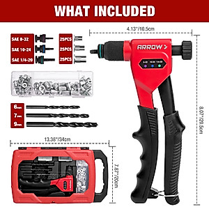 Arrow Rivet Nut Tool, 8" Rivet Nut Gun Kit Designed for Tight Space, Rivet Nut Setter with 3 Pcs Mandrels (8-32, 10-24, 1/4-20), 75 Pcs Rivnuts and 3 Pcs Drills, Sturdy Case Packed