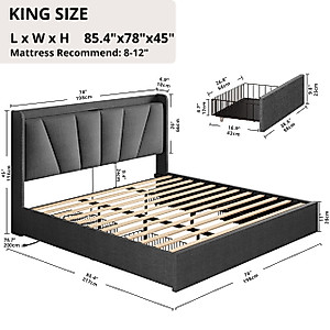 LIKIMIO King Bed Frame and Upholstered Headboard, Platform Bed with Storage Drawers and Outlets, Sturdy, Noiseless, No Box Spring Needed, Easy Assembly, Dark Gray