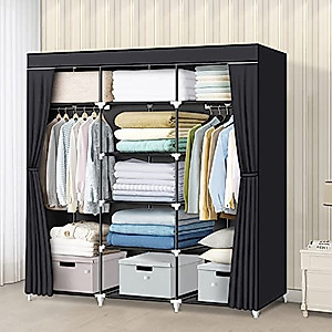 LOKEME Portable Closet, 55.5 Inch Wardrobe Closet for Hanging Clothes with 2 Hanging Rods, 9 Clothes Storage Organizer Shelves, Black Closet Extra Durable, Quick and Easy to Assemble