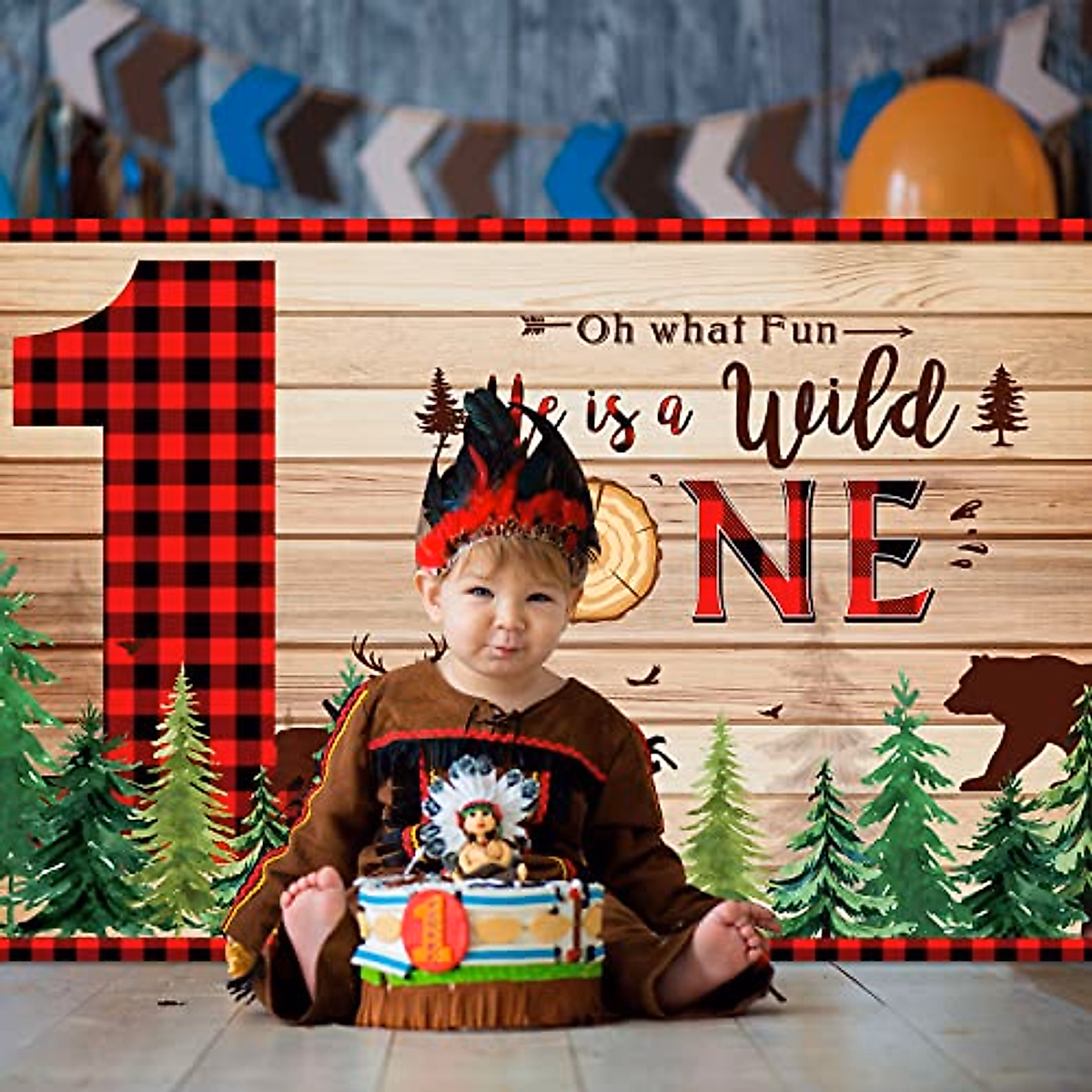 Lumberjack Backdrop Banner Wild One Baby Shower Forest Background Boys 1st First Birthday Photography Photo Prop Red Black Buffalo Plaid Lumberjack Themed Party Decoration 6 x 3.6 Feet