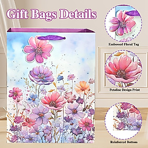 6 Pack Purple Flowers Pattern Embossed Paper Gift Bag with Handles, Assorted Paper Bags with 8 Pcs Tissue Paper for Girls/Women Baby Shower, Celebrations,Birthday,Wedding and Any Occasions