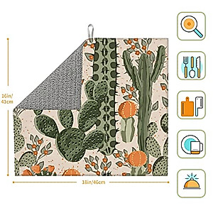 Green Cactus Printed Drying Mat For Kitchen Ultra Absorbent Microfiber Dishes Drainer Mats Non-Slip Silicone Quick Dry Pad - 18 X 16inch