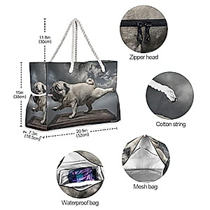 ALAZA Yoga Pug Dog Puppy Funny Fun Large Beach Bag For Women Tote Bags Reusable Grocery Shoulder Bag with Zipper Closure Pocket