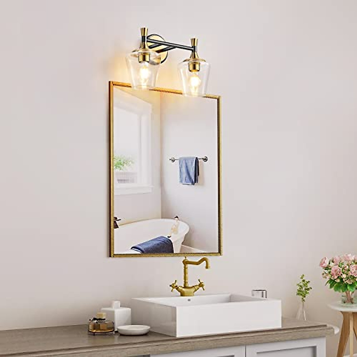 LOXYEE Gold Bathroom Vanity Light ，2-Lights Vintage Vanity Lights fixtures with Glass Shade,Gold and Black Bathroom Lights Over Mirror,for Living Rooms, Bedrooms, Hallways (Exclude Bulb)