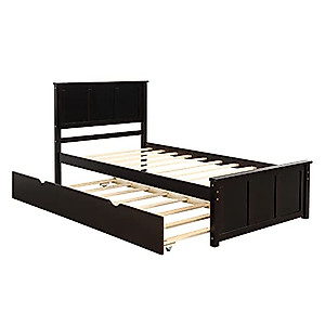 CITYLIGHT Twin Bed Frame with Trundle, Twin Trundle Bed with Headboard, Wood Twin Platform Bed for Kids,Girls,Boys or Guest Room,No Box Spring Needed,Espresso