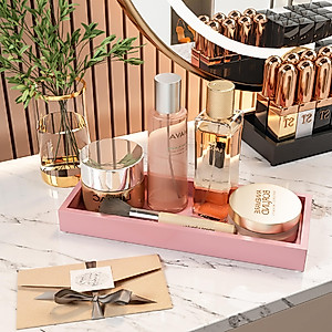 Bathroom Perfume Tray for Candle Trinket, Decor Vanity Trays for Countertop Nightstand Toilet Tank Counter Dresser Bedroom, Decorative Wooden Rectangle Holder for Skincare Cosmetic Accessory, Pink