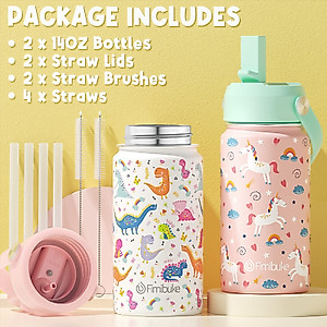 Fimibuke Kids Insulated Water Bottle - 14oz BPA-FREE Double Wall Vacuum Tumbler 18/8 Stainless Steel Leak Proof Cups with Straw Metal Bottle for School Boy Girl (2 Pack, UNICORN+WHITE DINOSAUR)