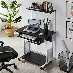 Yaheetech 3 Tiers Mobile Computer Desk with Printer Shelf & Keyboard Tray Rolling Computer Desk for Small Spaces, Compact Study Desk Workstation with Wheels, Space Saving, Black