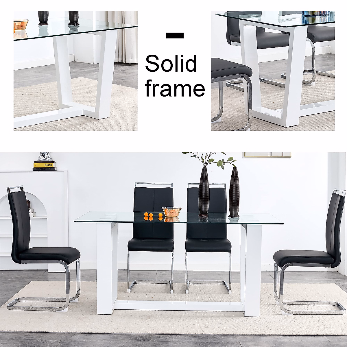 LKTART 63'' Tempered Glass Tabletop Industrial Rectangular Conference Table Dining Table with Black Leg Metal Frame(White)