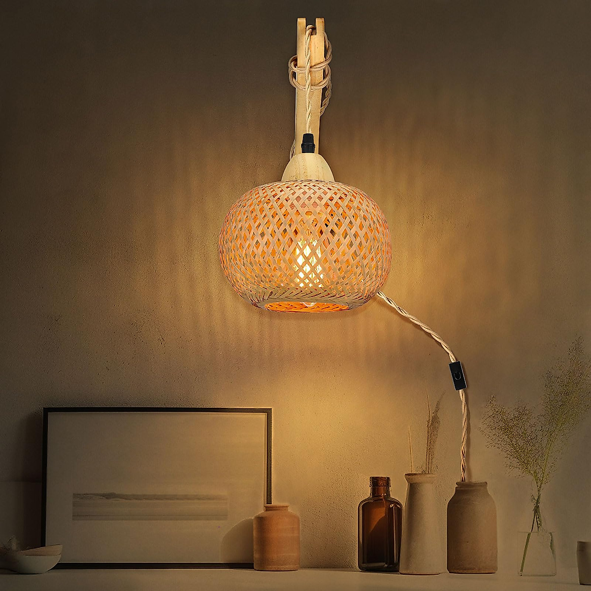 Plug in Wall Sconce, Bamboo Rattan Wall Sconce Decor, Farmhouse Wall Sconce Plug In, Wicker Wall Lamp with Plug in Cord, Hand Woven Boho Sconces Wall Light for Bedroom Living Room