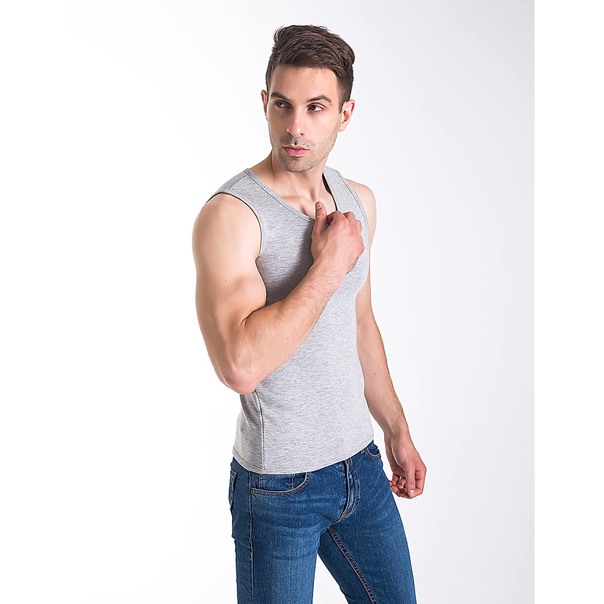 Locachy Men's Cotton Winter Warm Thermal Underwear Sleeveless Vest Fleece Lined Base Layer Tank Top Light Grey L