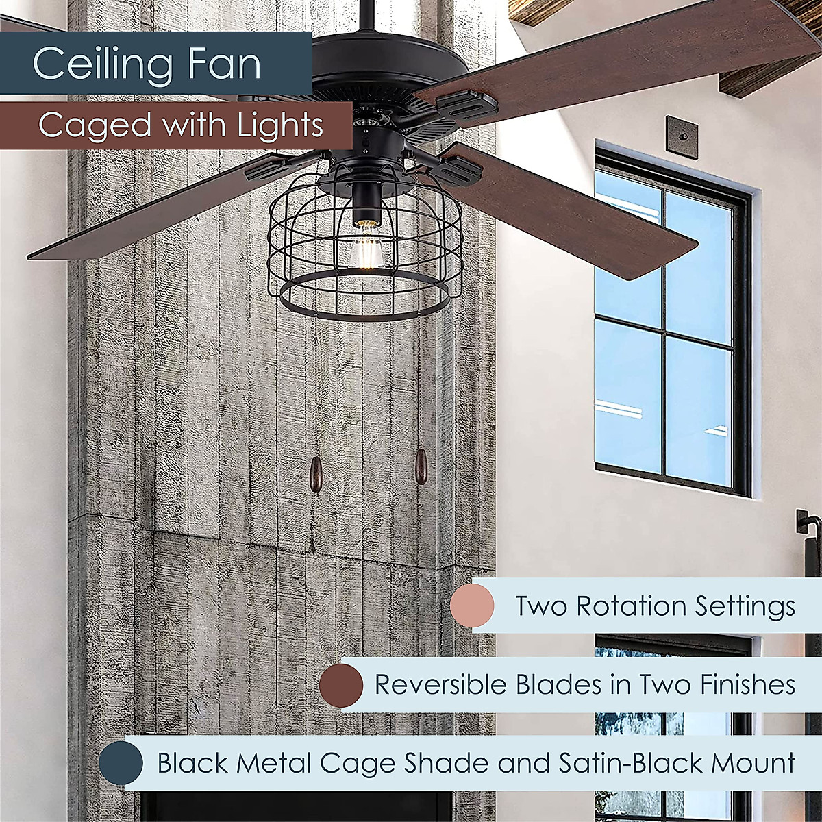 RIVER OF GOODS Industrial LED Ceiling Fan - 52" L x 52" W - Caged Ceiling Fan with Lights - Rich Barnwood/Black Fan Blades