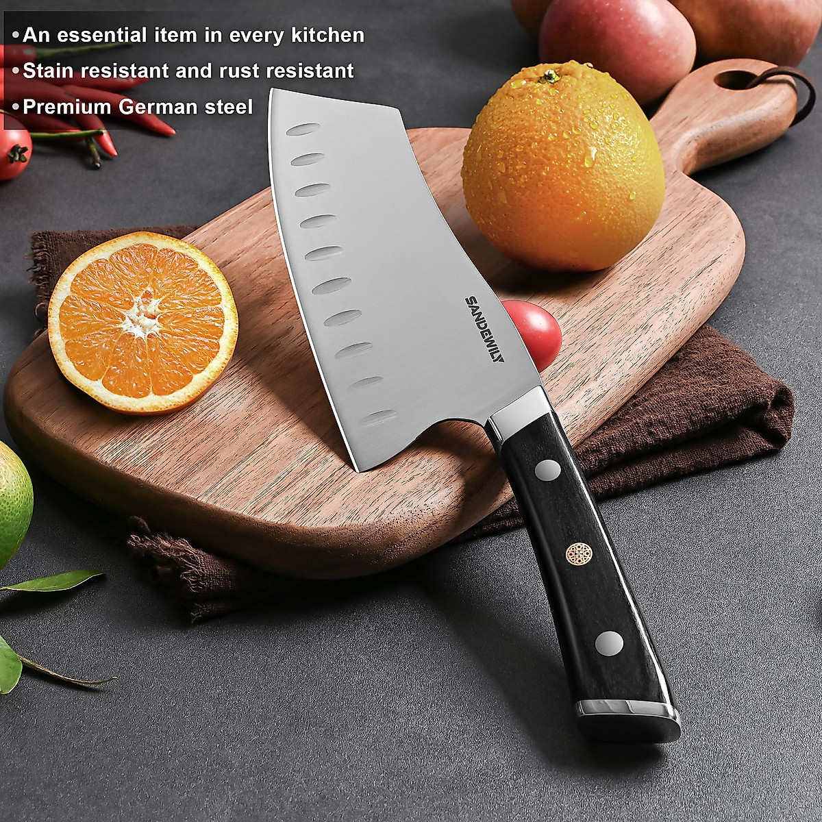 SANDEWILY Meat Cleaver Chef Knife,7-in Ultra Sharp Kitchen Knife,Slicer Knife Cooking Knife Vegetable Knife,German HC Stainless Steel,Full Tang Wood Handle,Gift Box for Home Outdoor BBQ Camping