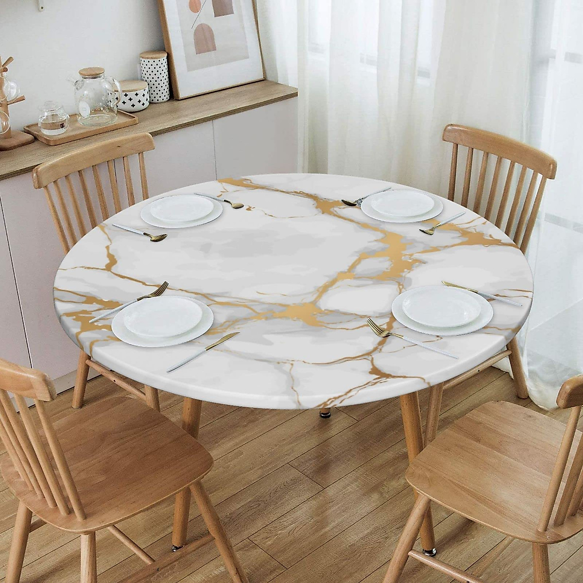 Aiojool White Marble Print Tablecloth Elastic Edged Round Fitted Table Cover Waterproof Table Cloth for Indoor Outdoor Dinning Fit 45'' - 50'' Table, Medium