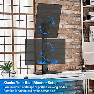 MOUNTUP Vertical Dual Monitor Stand, Stack Two Screens up to 32 inches,17.6 Lbs, Free-Standing Monitor Desk Mount, Monitor Riser with Swivel, Tilt, Height Adjustable, VESA Stand 100 x 100mm, 75 x 75mm