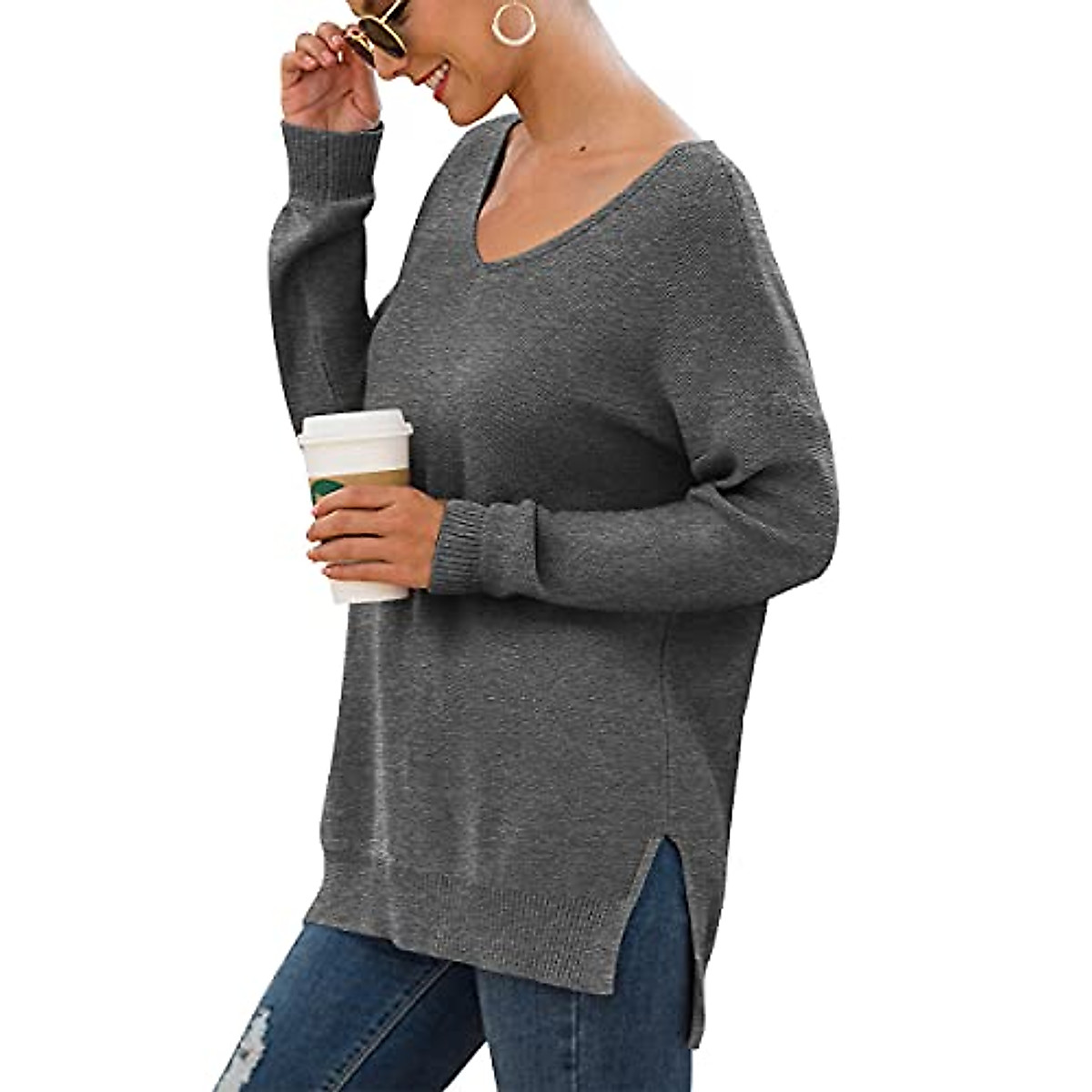GRECERELLE Women's V-Neck Long Sleeve Side Split Loose Casual Knit Pullover Sweater Blouse Dark Gray-Medium