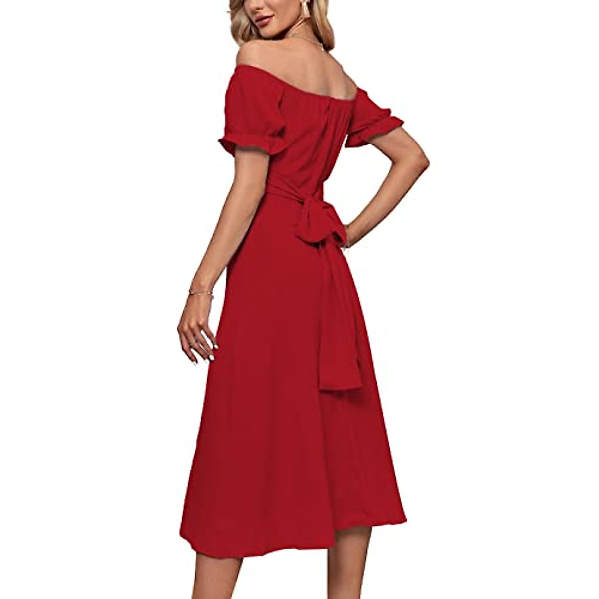 LYANER Women's Off Shoulder Wrap Ruffle Puff Short Sleeve Ruched Tie Back Dress Red Small