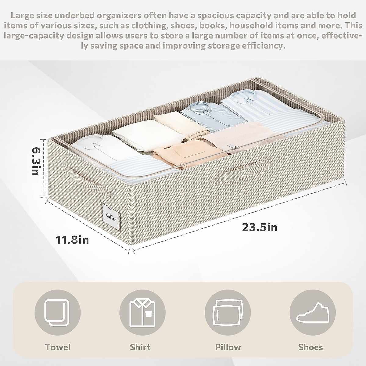3Pcs Under Bed Storage Bins with Metal Frame - Shoe Organizer for Closet with Clear Cover Oxford Fabric Sturdy Underbed Container Foldable Stackable Clothes Organizer (Beige, 23.5x11.8x6.3)