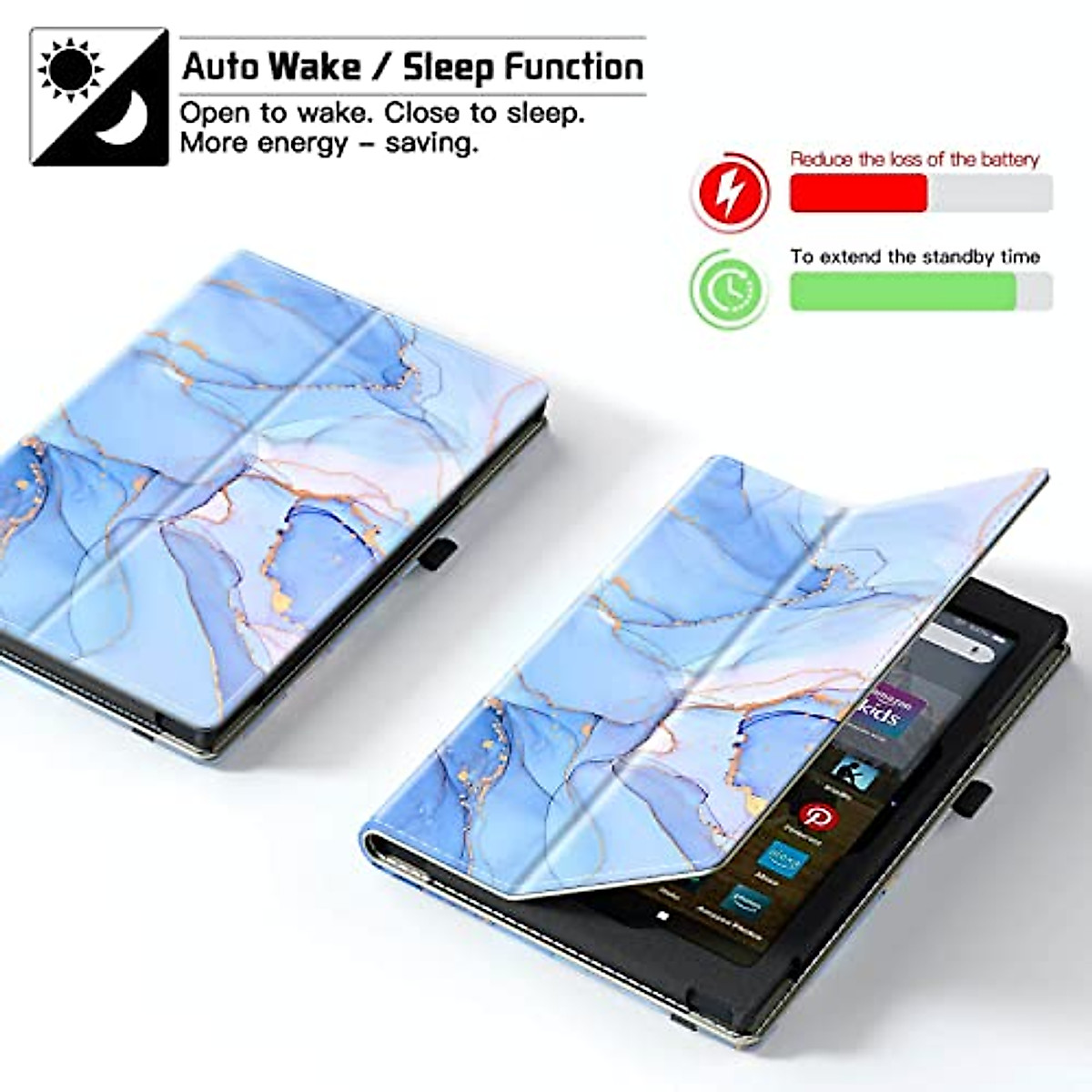 COOWPS Folio Case for Amazon Fire HD 10 (ONLY Fit 11th Generation, 2021 Release) and Fire HD 10 Plus Tablet - Slim Folding Stand Cover with Auto Wake/Sleep & Hand Strap, Blue Marble