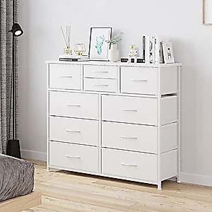 LUMTOK 10-Drawer Dresser, Fabric Storage Dressers Drawers for Bedroom, Hallway, Nursery, Closets, Steel Frame, Wood Top, Easy Pull Handle (White)