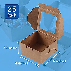Bubbley Kraft Paper Bakery Boxes - 25-Pack Single Pastry Box 4-Inch, Packaging with Clear Display Window, Donut, Mini Cake, Pie Slice, Dessert Disposable Take-Out Container, Brown, 4 x 2.3 x 4 Inches