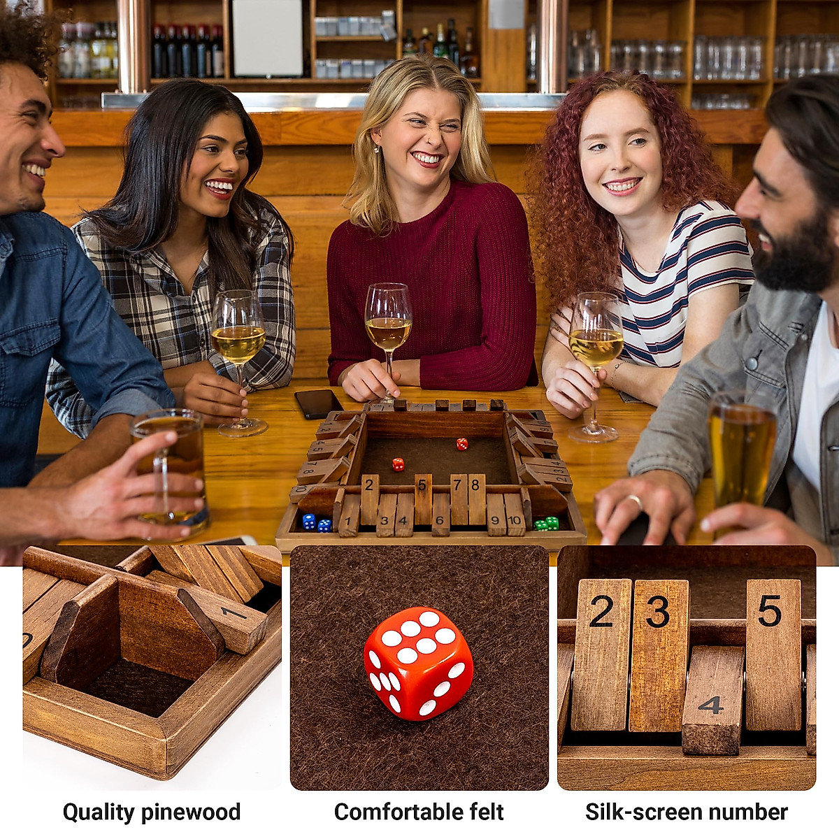 ropoda 14 Inches 4-Way Shut The Box Dice Board Game (2-4 Players) for Kids & Adults [4 Sided Large Wooden Board Game, 8 Dice + Shut-The-Box Rules] Smart Game for Learning Addition – Vintage Style