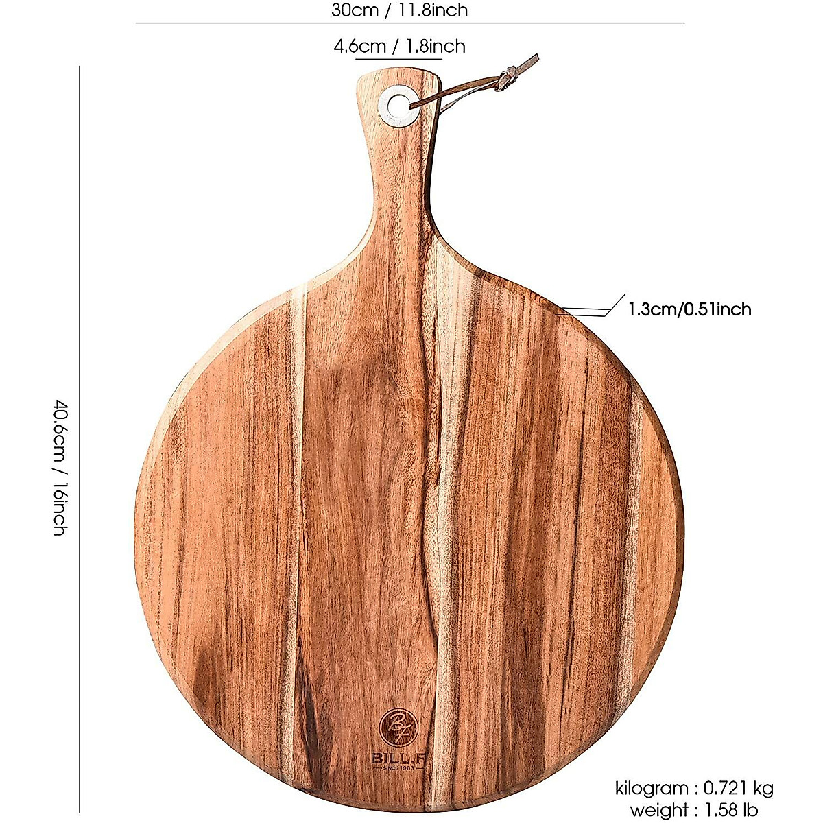 BILL.F Acacia Wood Pizza Peel,12” Cutting Board, Cheese Paddle Board, Bread and Crackers Platter for Serving and Minor Food Prepare with Handle - 16 x 12 x 0.5 Inch